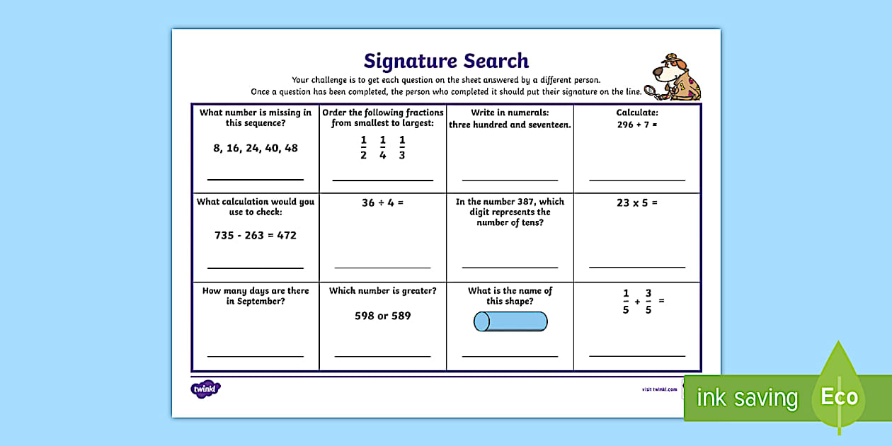 Year 3 Signature Search Maths Worksheet / Worksheet - Twinkl