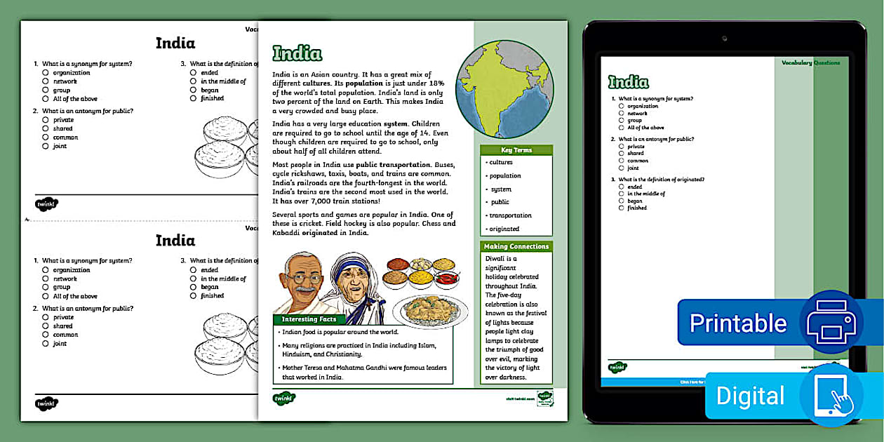 Third Grade India Fact File and Vocabulary Questions