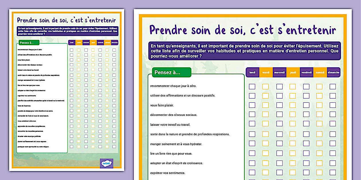 Liste pour prendre soin de soi (Hecho por educadores)