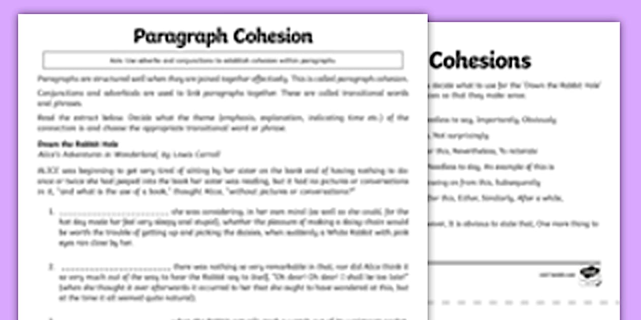 Editable Paragraph Cohesion Worksheet Alice In Wonderland