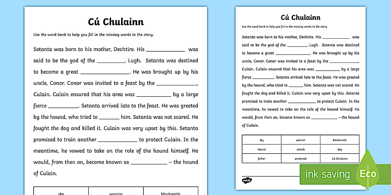 Cú Chulainn Cloze Passage Worksheet / Worksheet - Twinkl