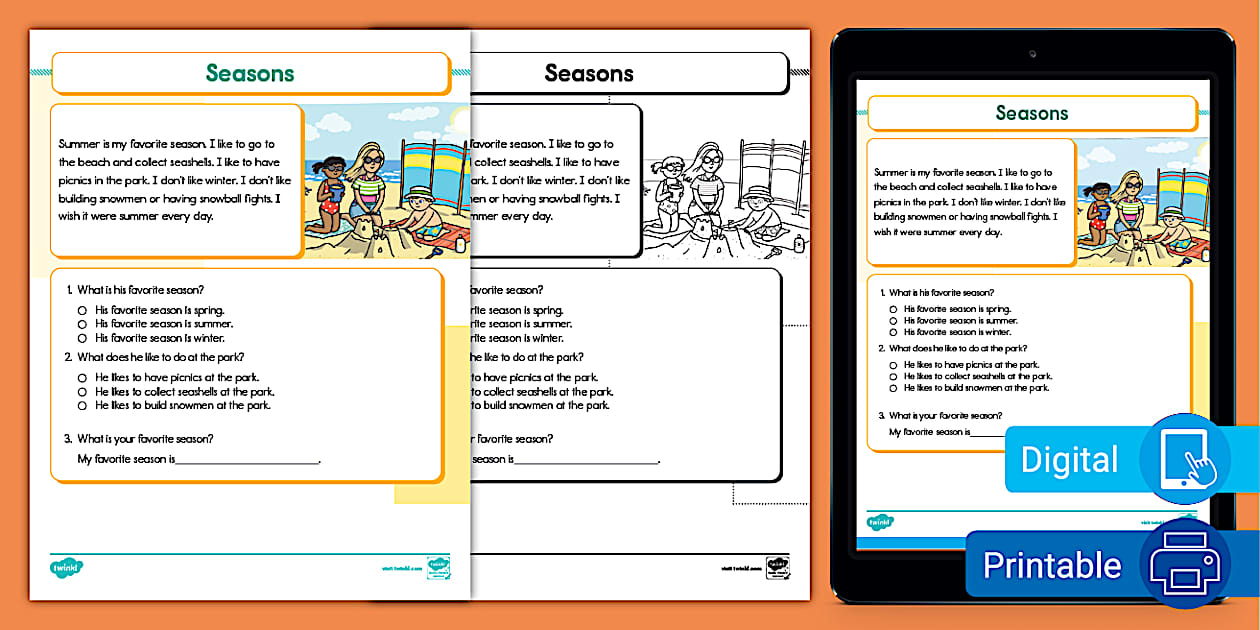 Reading Passage Comprehension Worksheet for ELL: Seasons