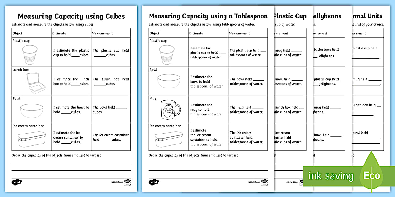 Editable Measuring Capacity Using Informal Units Worksheets
