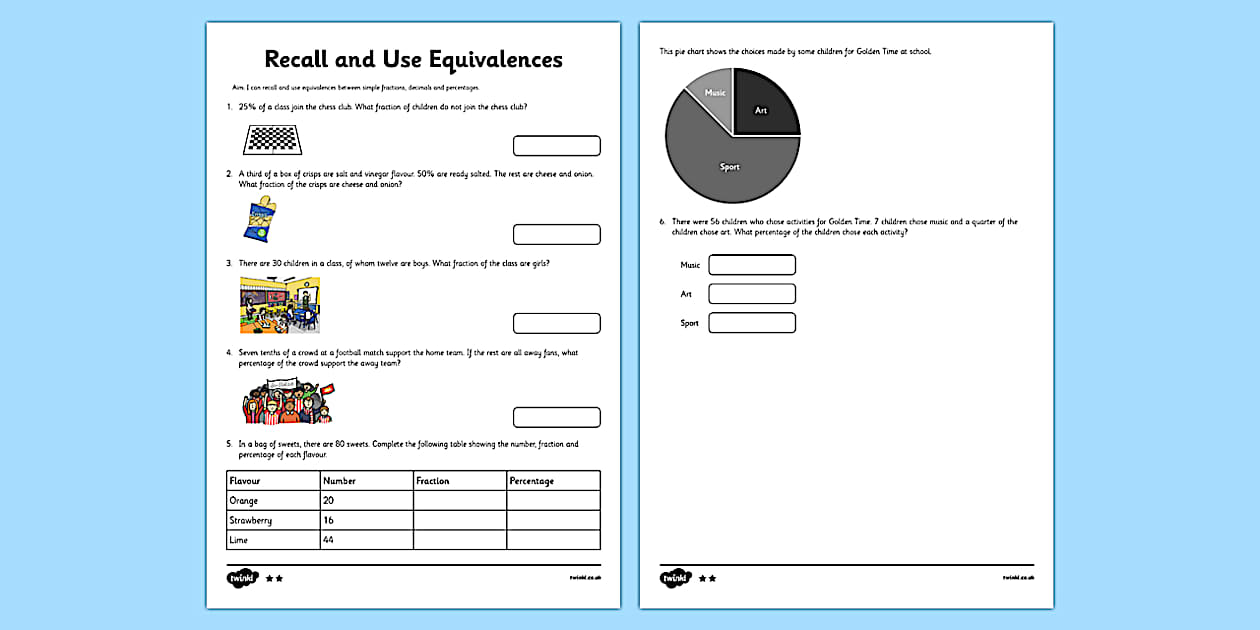 Grade 6 Recall and Use Equivalences Worksheet / Worksheet
