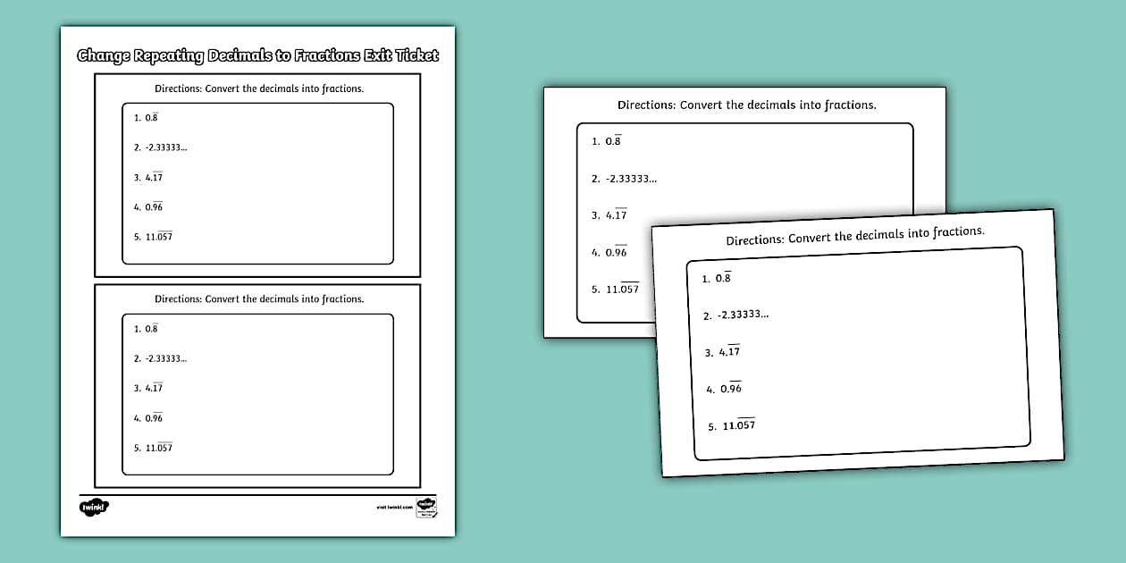 Eighth Grade Change Repeating Decimals to Fractions Exit Ticket
