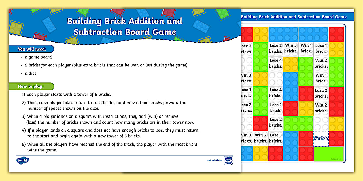 Building Brick Addition and Subtraction Board Game - Twinkl