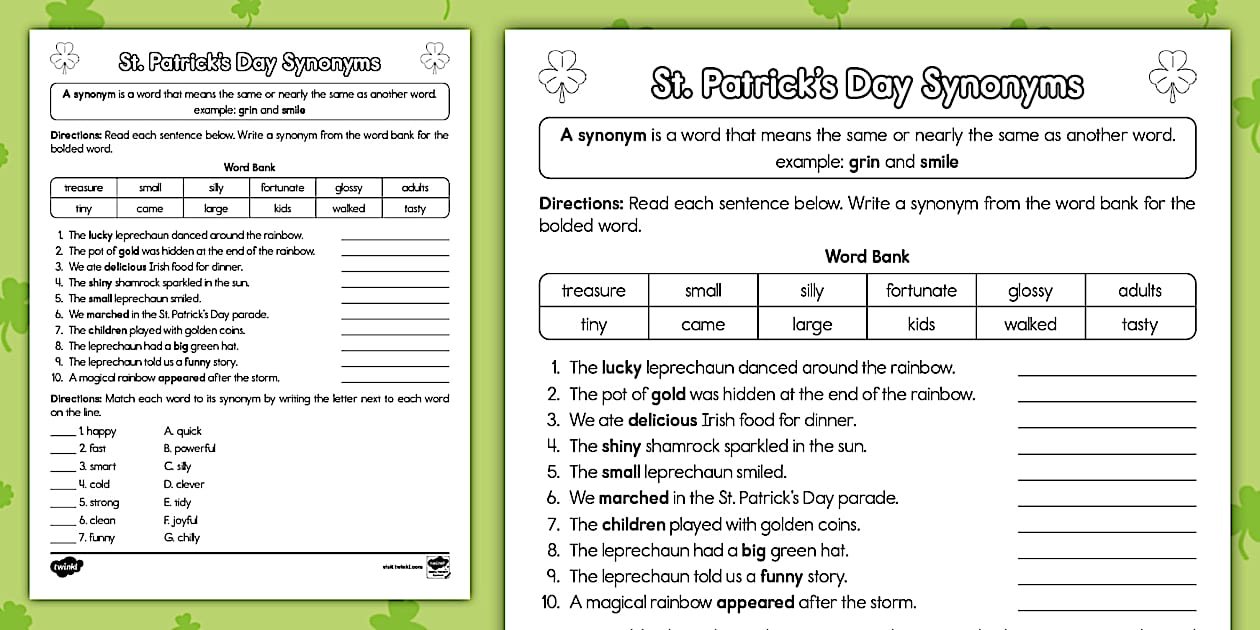 Second Grade St. Patrick’s Day Synonyms Worksheet - Twinkl