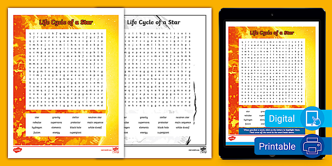Life Cycle of a Star Word Search for 6th-8th