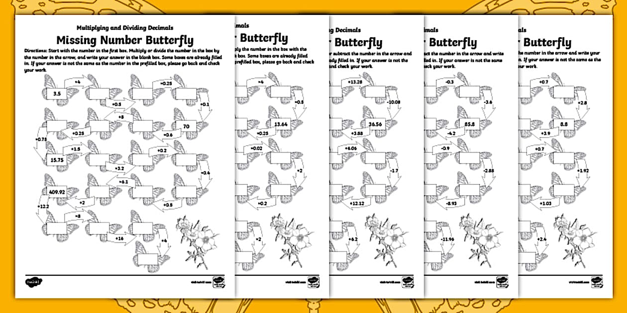 Sixth Grade Decimal Operations Missing Number Butterfly Math Activity Pack