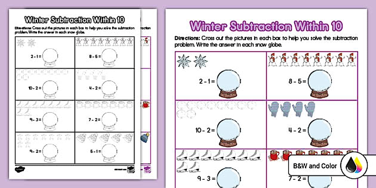 Kindergarten Winter Subtraction Within 10 Worksheet - Twinkl
