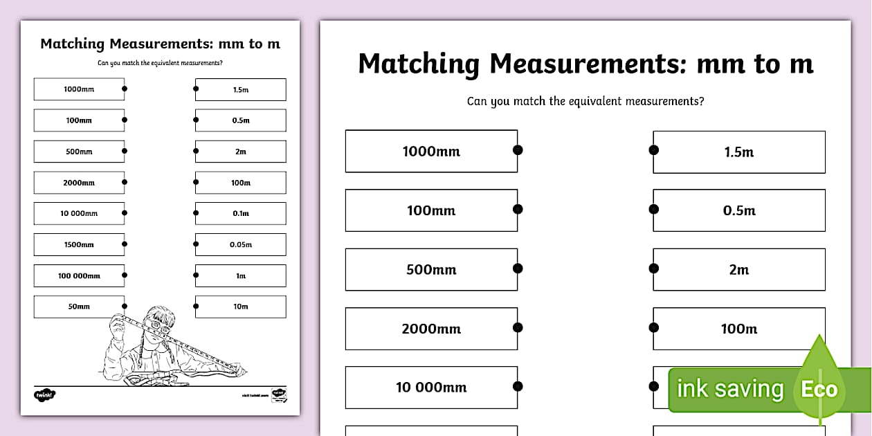 👉 Matching Measurements mm to m Activity Sheet - Twinkl