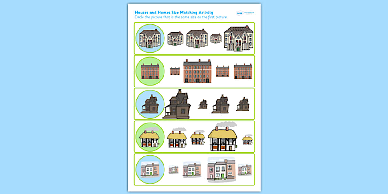 Black and White Houses and Homes Size Matching Worksheets