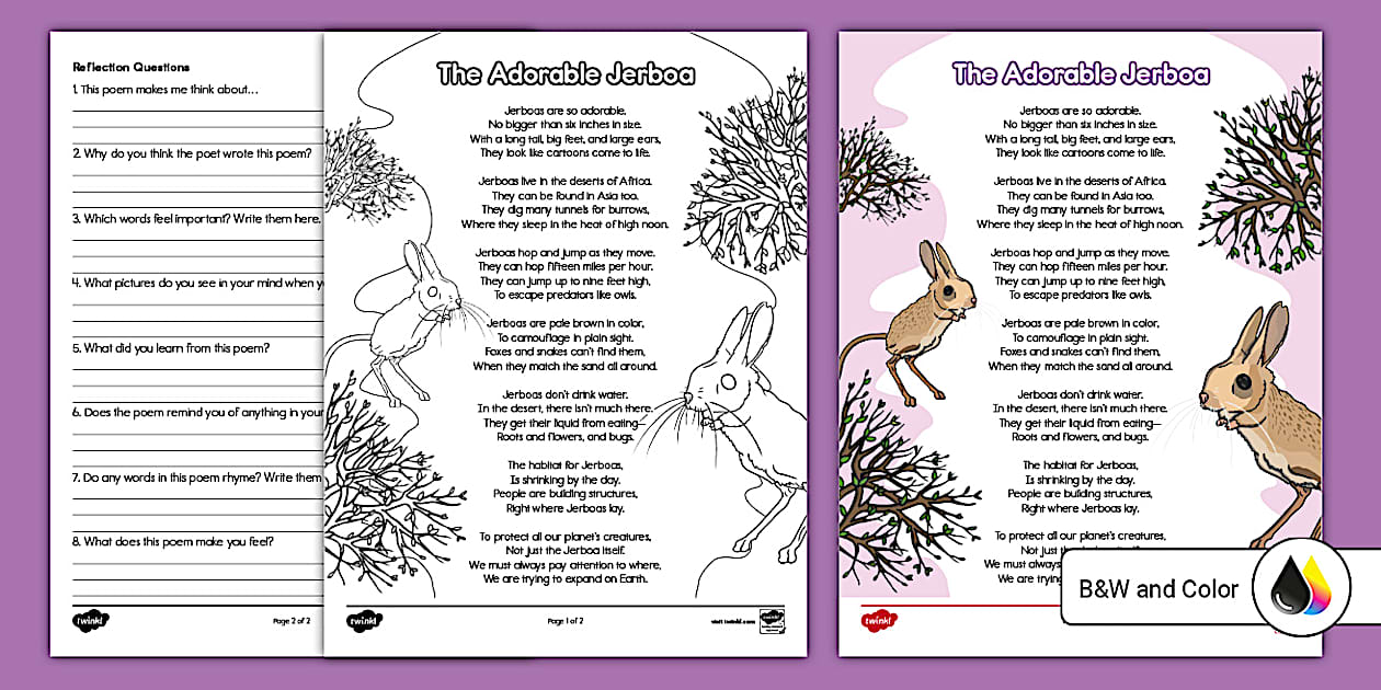 Second Grade Poetry Analysis Worksheet: The Adorable Jerboa