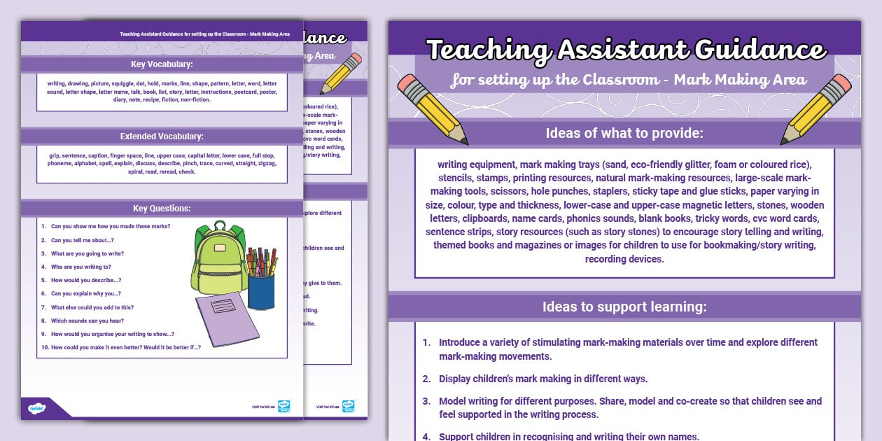 Teaching Assistant Guidance for setting up the Classroom - Mark Making Area