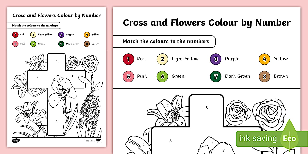 Cross and Flowers Colour-by-Number Worksheet | Twinkl | KS1