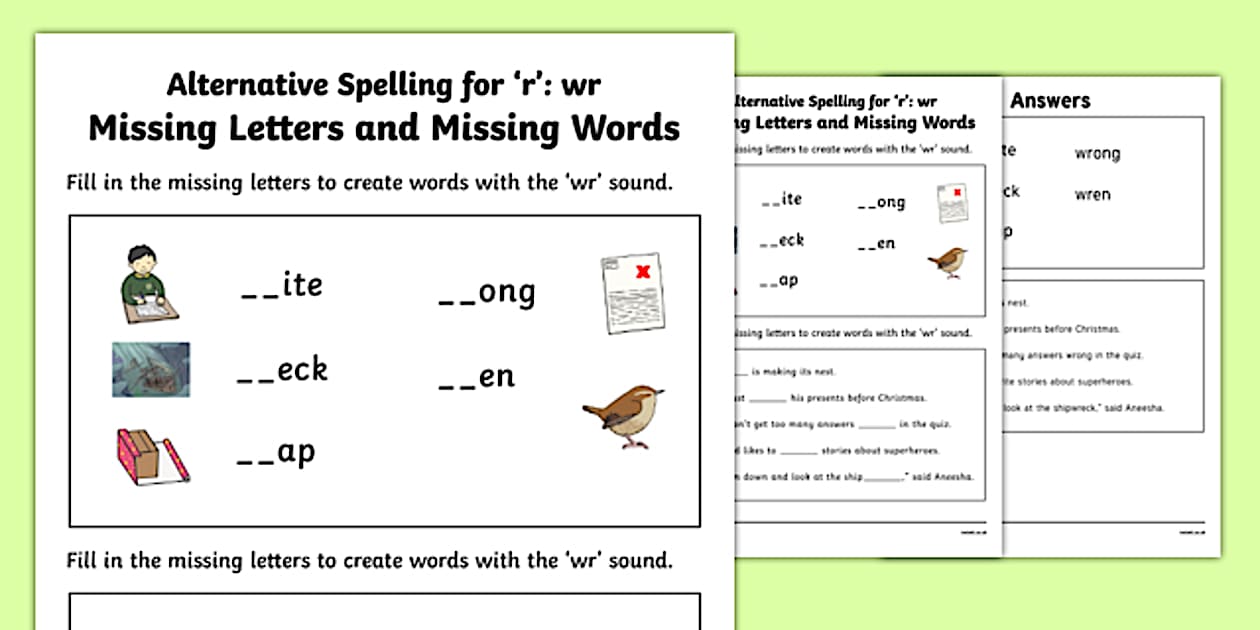 Editable Wr Grapheme Missing Words Phase 5 Alternative Spelling Worksheet