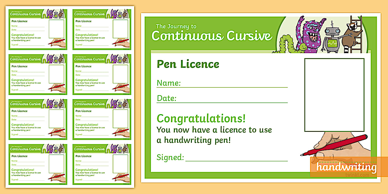 Editable The Journey to Continuous Cursive Pen Licence Cards