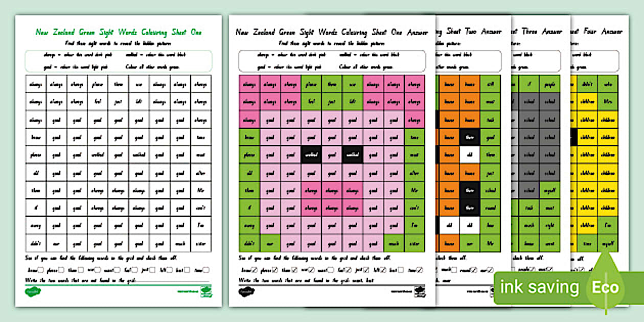 New Zealand Green Sight Words Mosaic Colouring Sheets