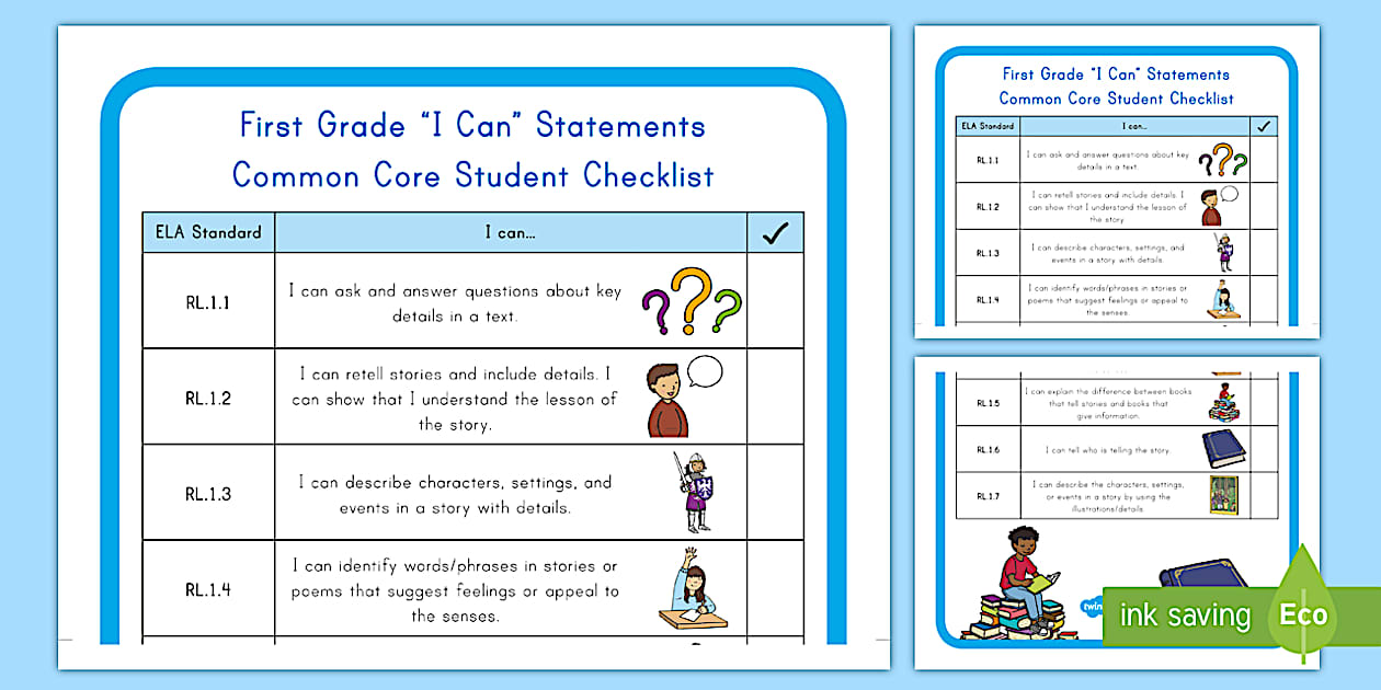 First Grade I Can Statements Common Core Student Checklist Large Posters