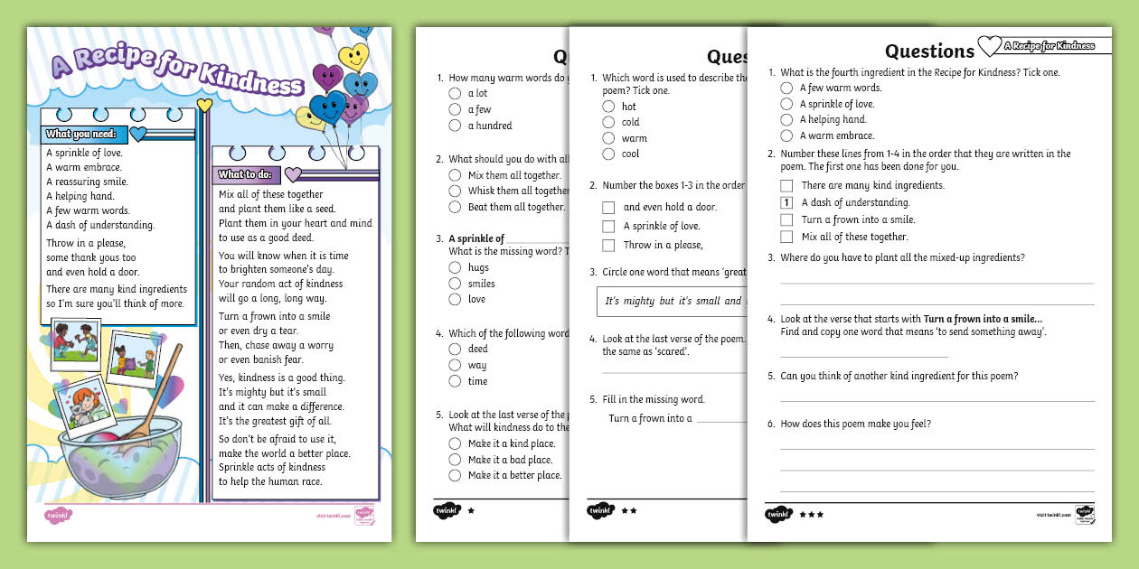 KS1 Recipe for Kindness Poetry Reading Comprehension