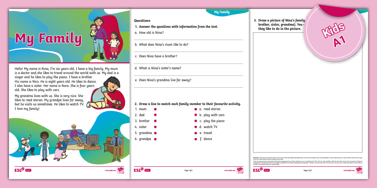 ESL My Family Reading Comprehension [Kids, A1] - Twinkl