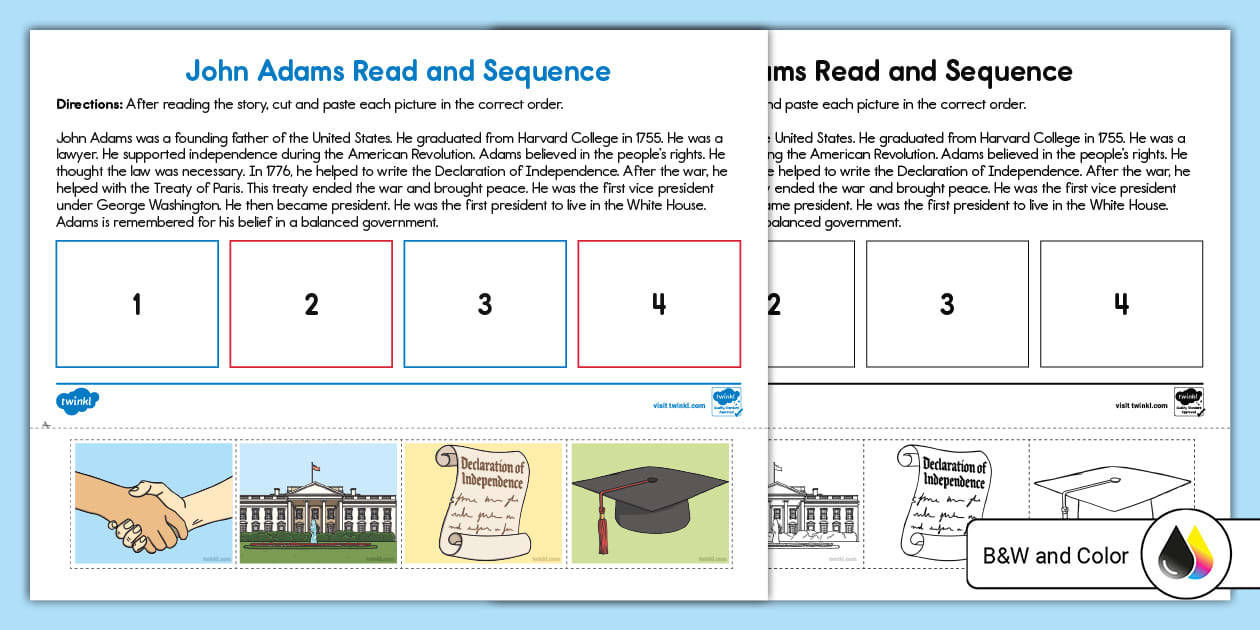 Second Grade John Adams Read and Sequence Cut and Paste Activity