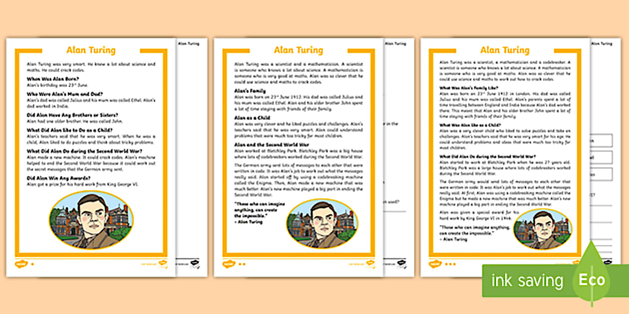 KS1 Alan Turing Differentiated Reading Comprehension Activity