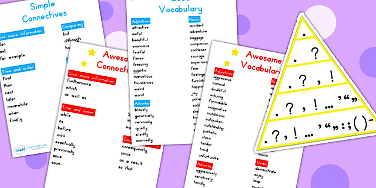Vowels Connectives Openers Puntuation Table Cards - Twinkl
