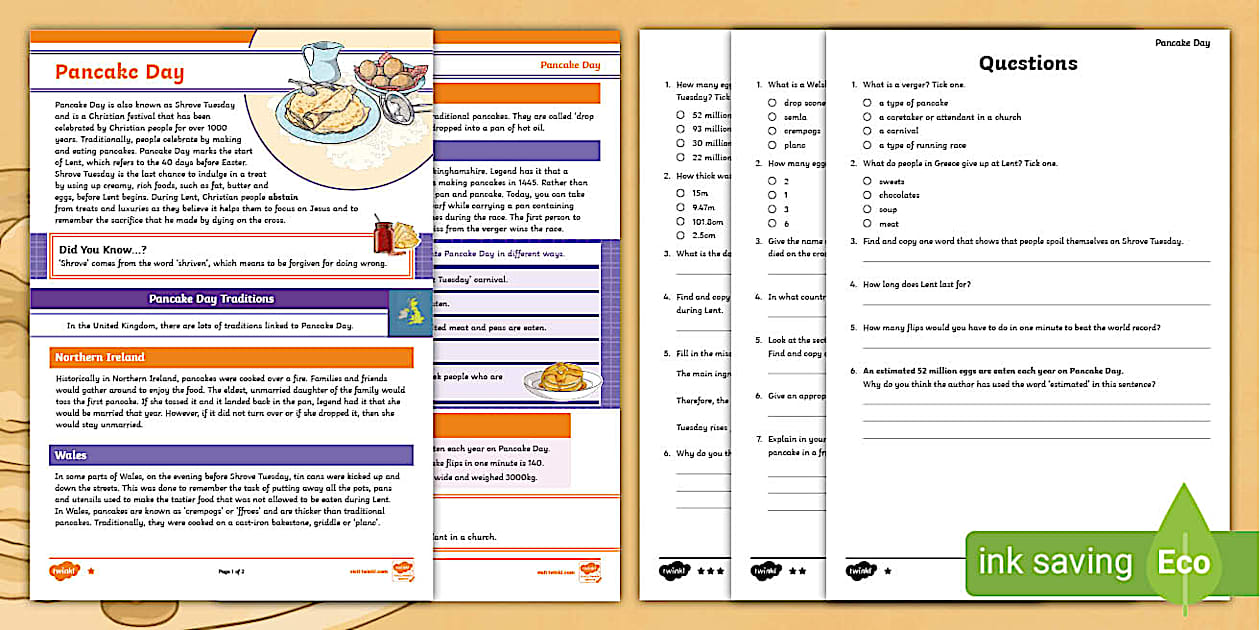 UKS2 Pancake Day Differentiated Reading Comprehension