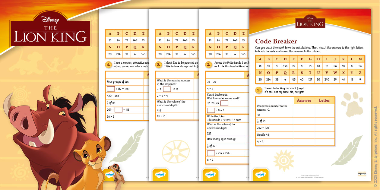 👉 The Lion King Maths Code Breaker Activity [Ages 7-9]