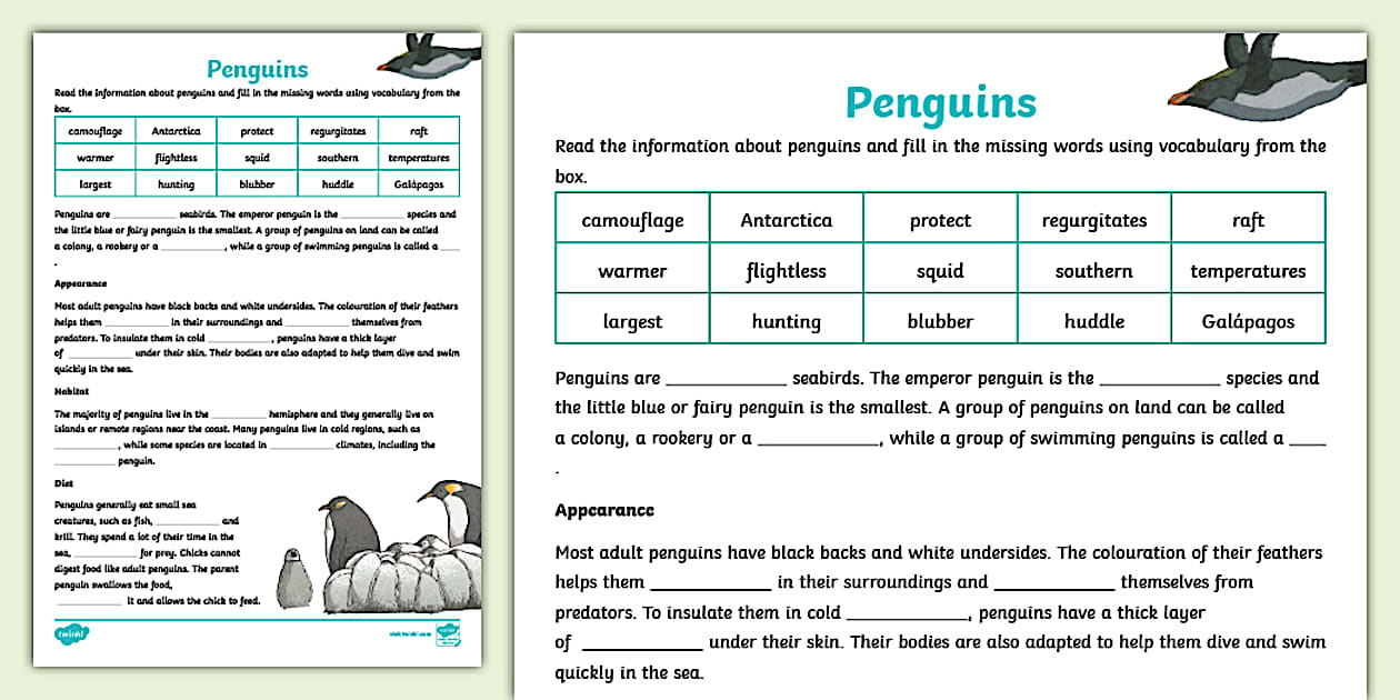 KS2 Penguin Cloze Worksheet - Twinkl - KS2 - Twinkl