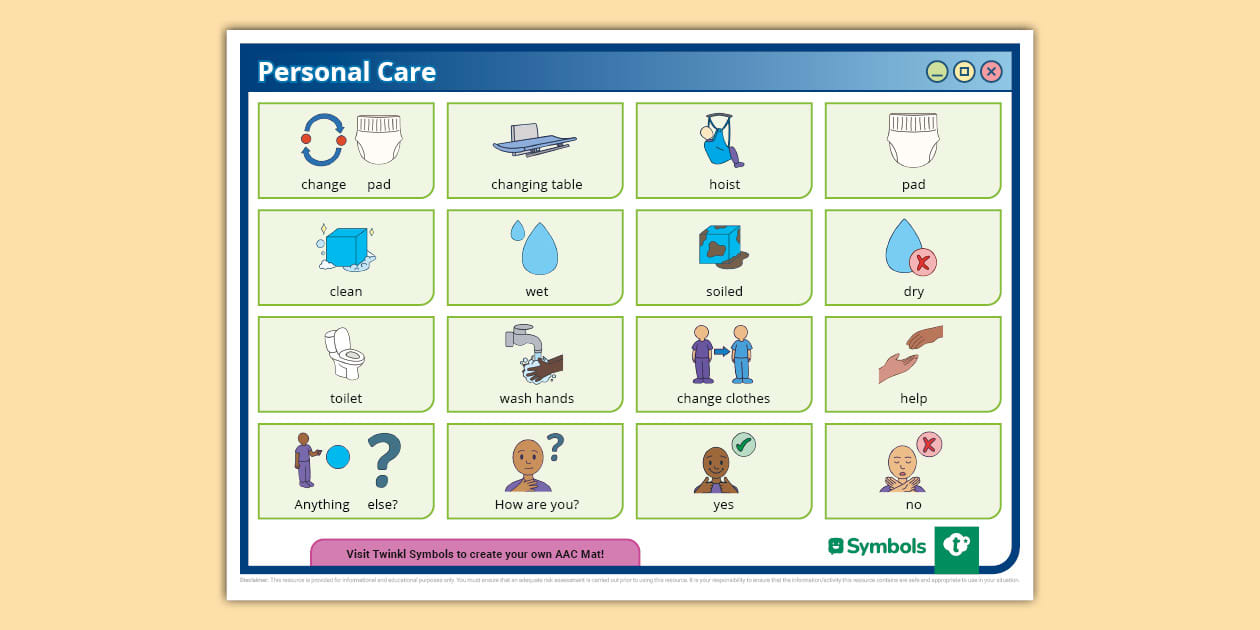 Twinkl Symbols: Older Learners: Personal Care AAC Mat
