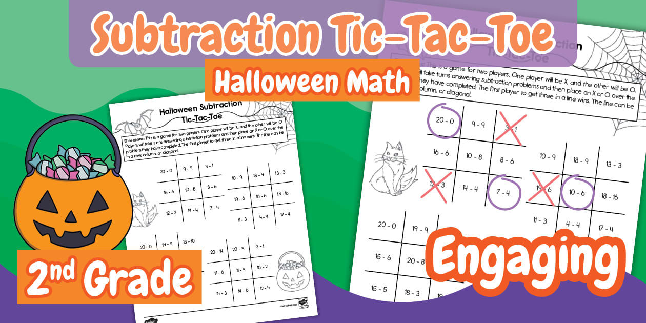 Second Grade Halloween Subtraction Tic-Tac-Toe Worksheet