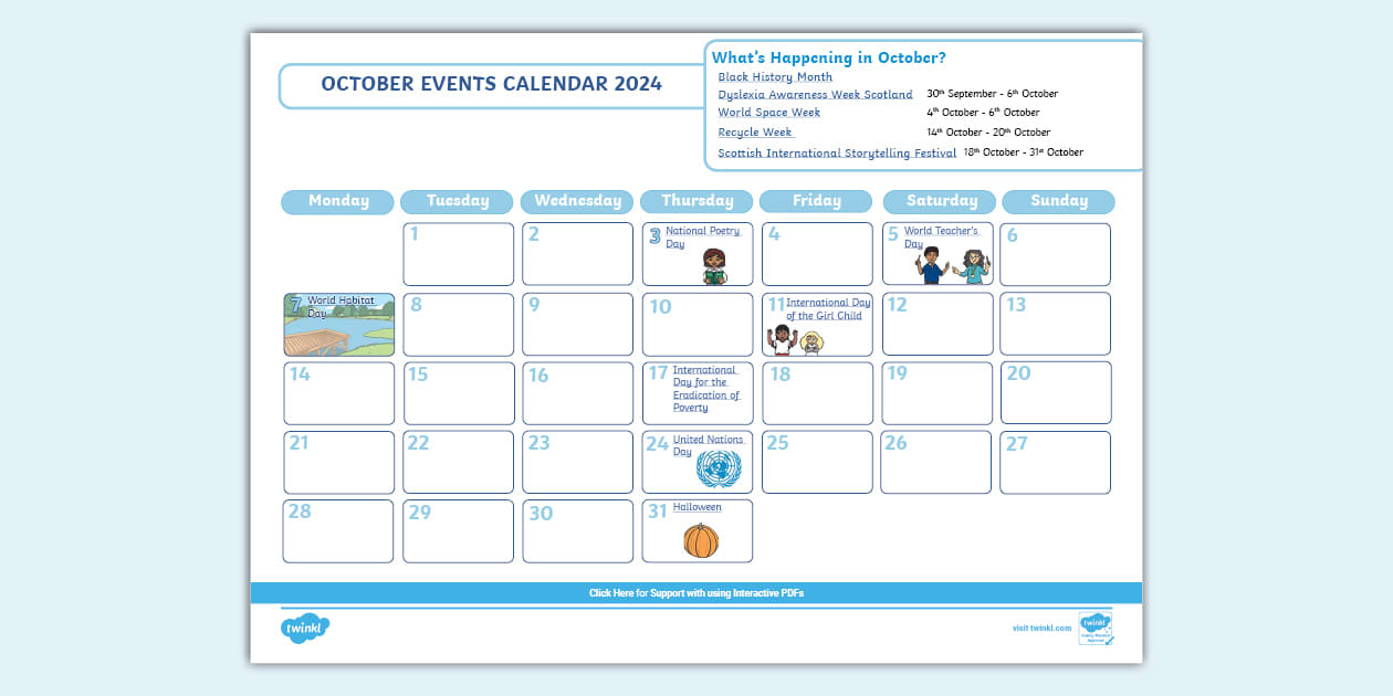 Interactive October Events Early Level Teacher Calendar