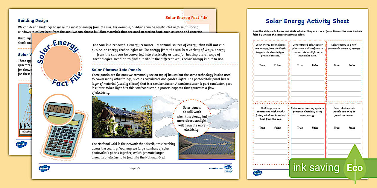 Solar Energy Facts and Activity Sheet | Twinkl | KS2