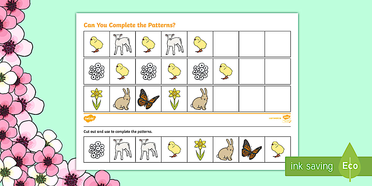 Spring Aistear Complete the Pattern Worksheet (teacher made)