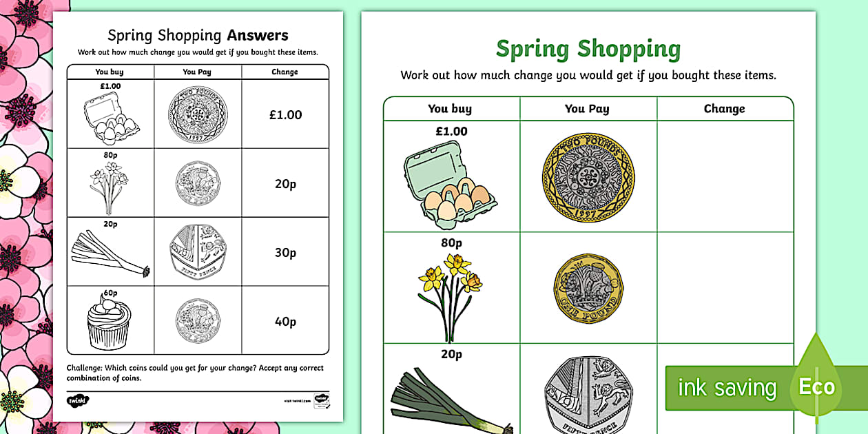 Finding Change Worksheet (teacher made) - Twinkl