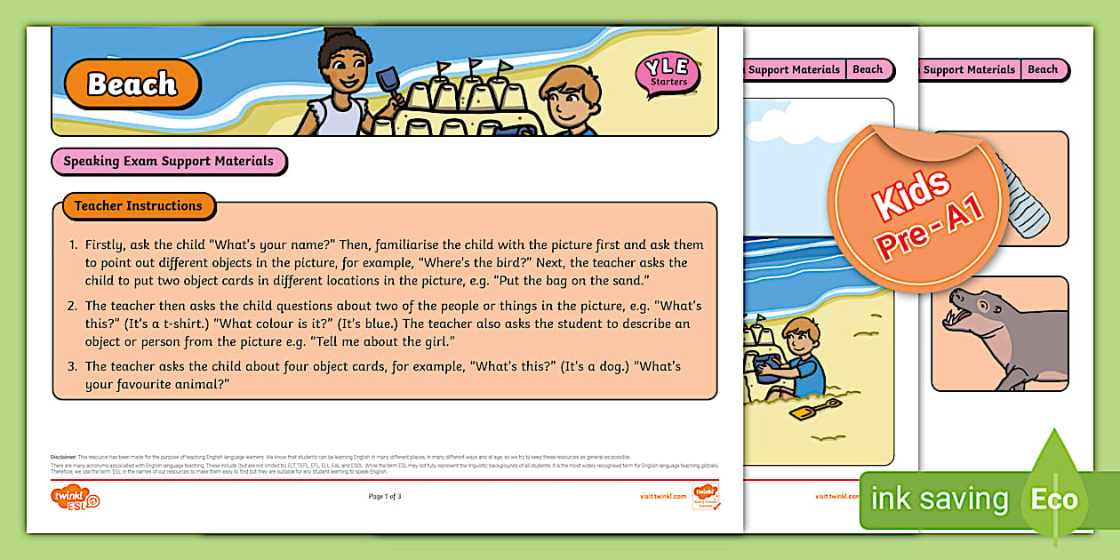 YLE Starters - Speaking - Practice Sheet (Beach) - Twinkl