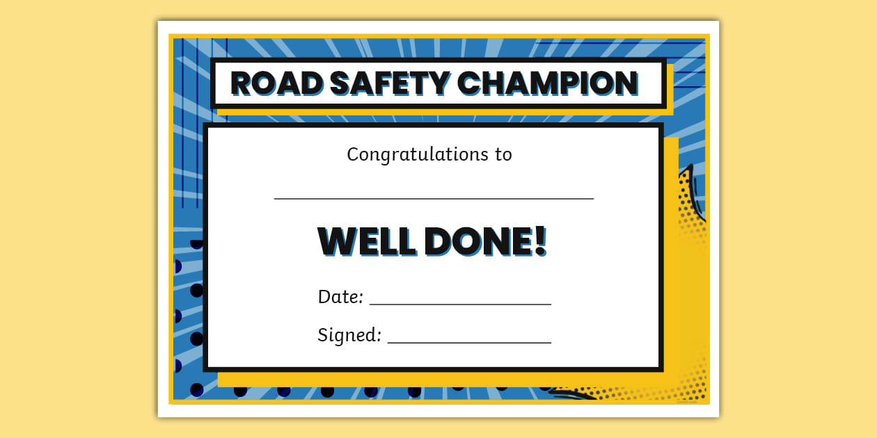 Pop Art Themed Road Safety Champion Certificate - Twinkl