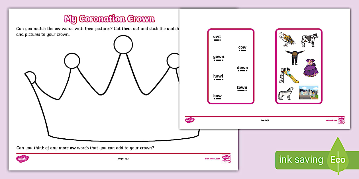Coronation 'ow' Crowns - Phonics - Kindergarten - KS1 - Twinkl