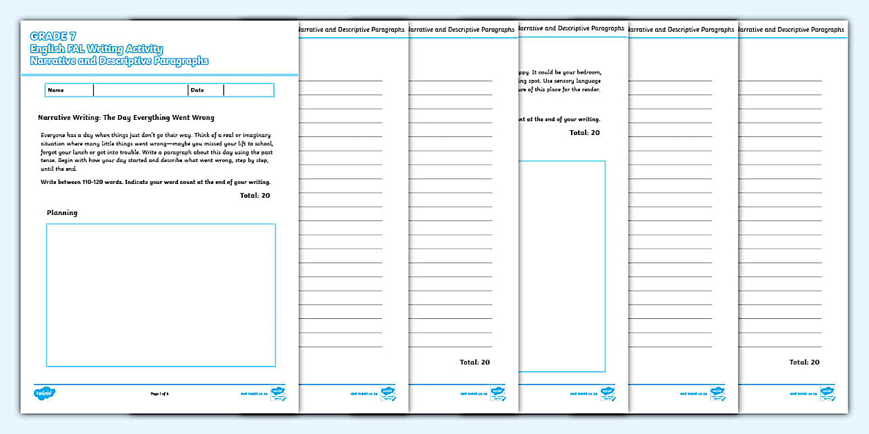 Grade 7 English FAL Writing Activity: Narrative and Descriptive Paragraphs
