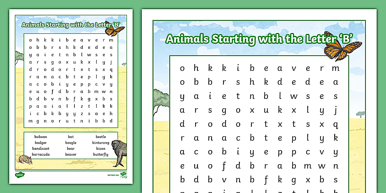 Animals Starting with the Letter 'B' Word Search - Twinkl