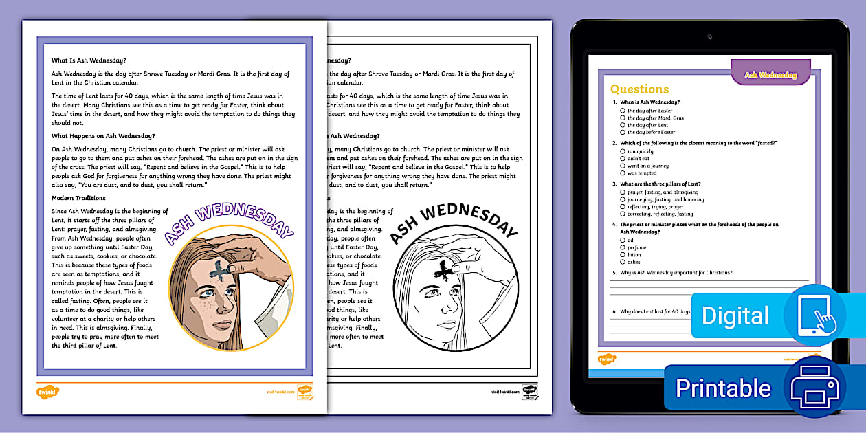 Third Grade Ash Wednesday Reading Comprehension Worksheet