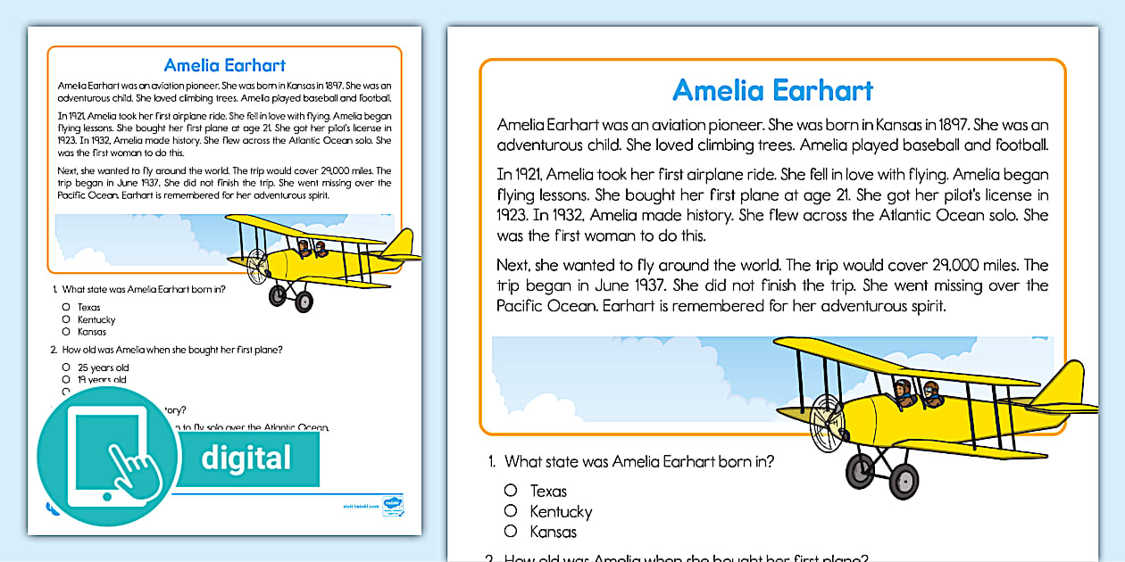 2nd Grade Amelia Earhart Reading Comprehension | Twinkl USA