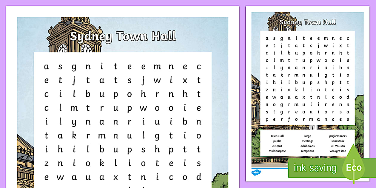 Sydney Town Hall Word Search-Australia