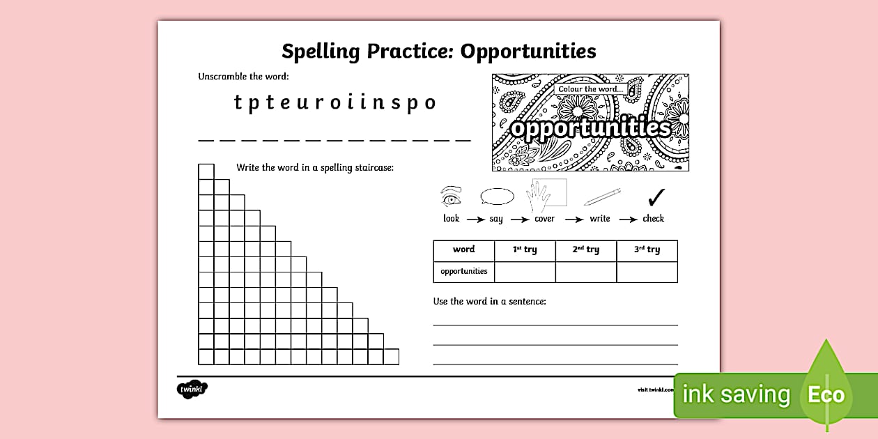 Opportunities Spelling Practice Worksheet (teacher made)