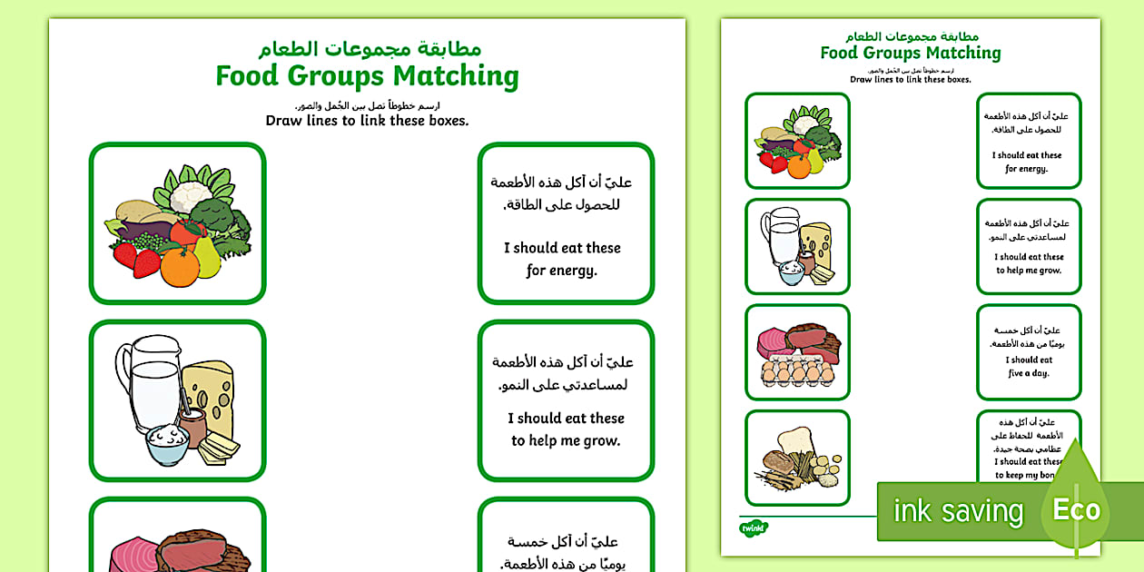 Food Group Matching Worksheet Arabic/English - Food Group Matching Activity