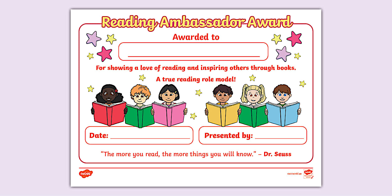 Reading Ambassador Certificate (teacher made) - Twinkl