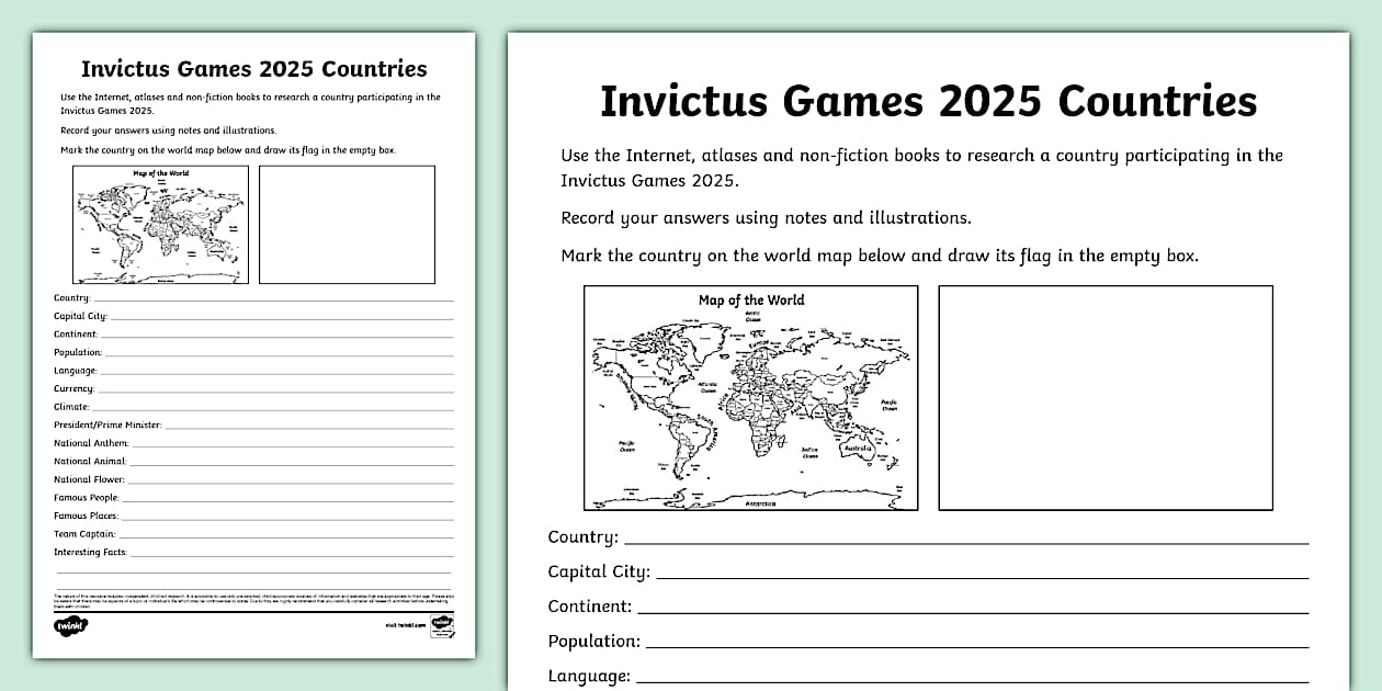 Invictus Games Countries Research Worksheet