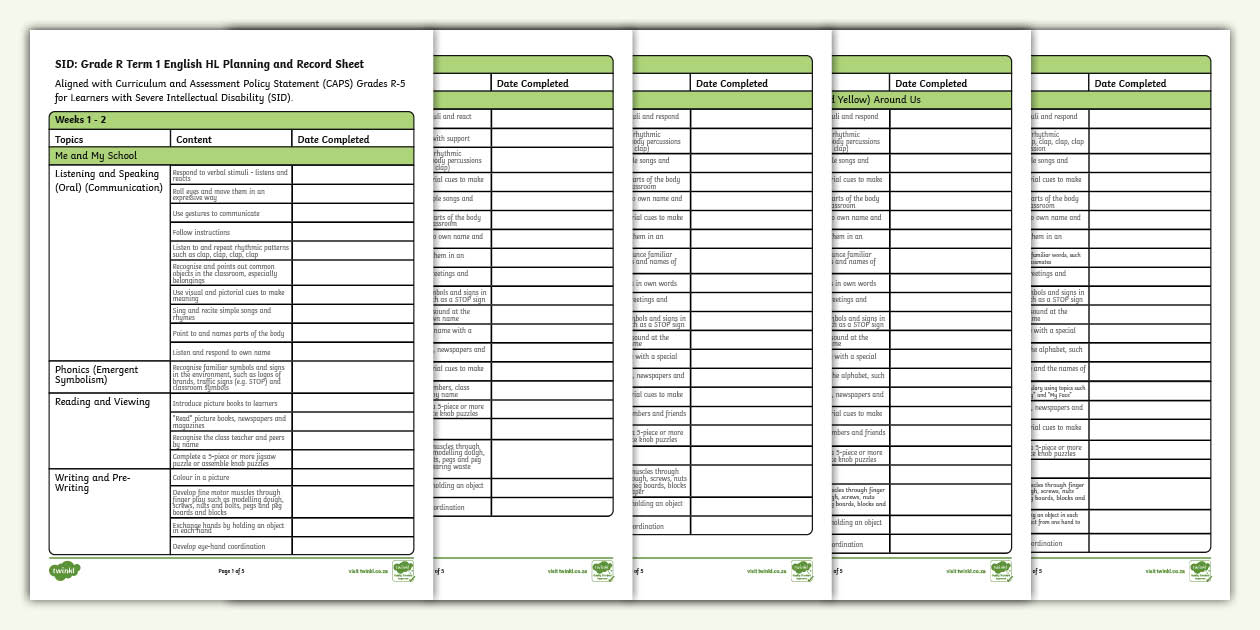 SID: Grade R Term 1 English HL Planning and Record Sheet